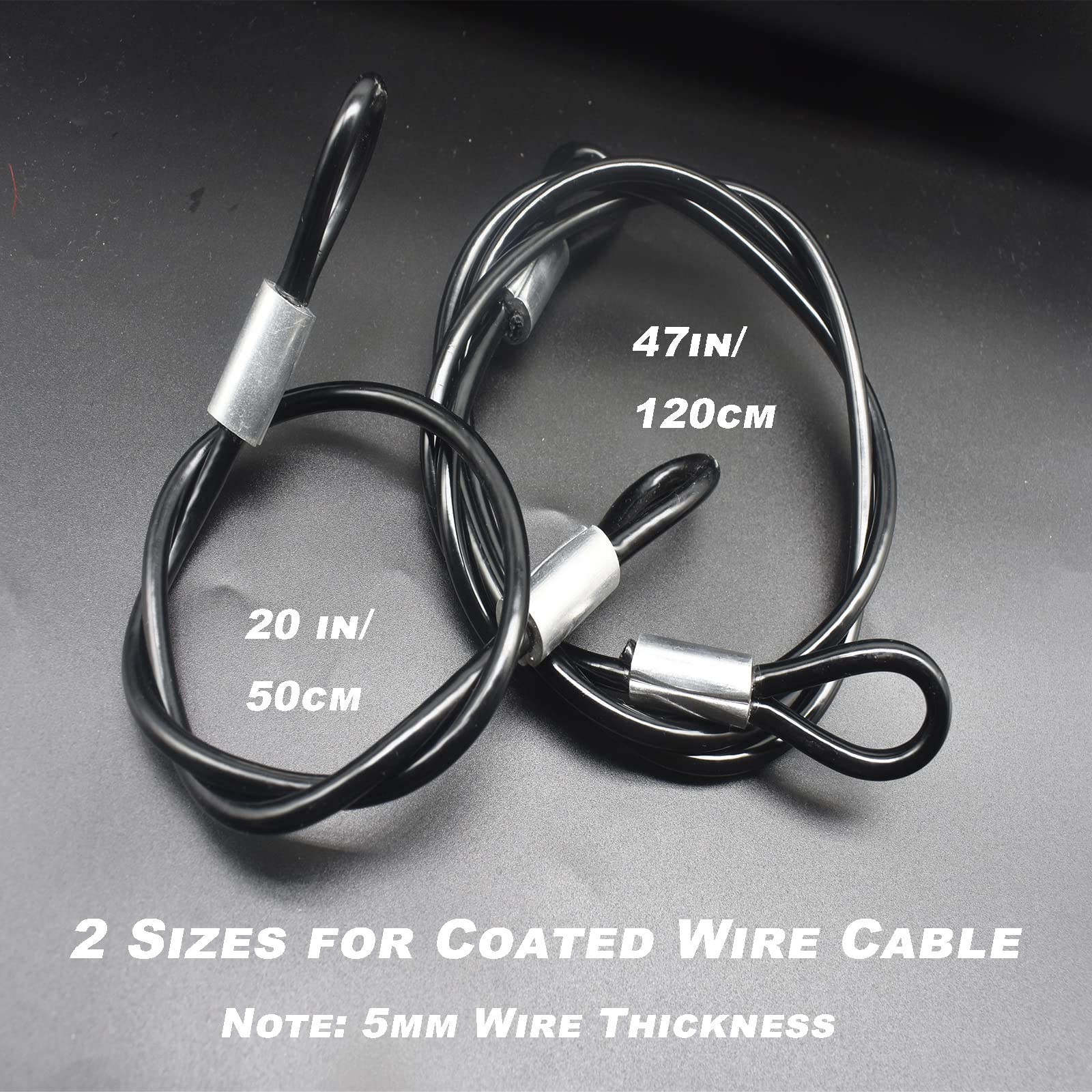 Bytiyar 4 pcs 20 inch (50cm) 5mm Thickness Galvanized Steel Wire Rope Lanyard Cable Tether Safety Strap with Braided Steel Rubber Coated and 2 Loops Black