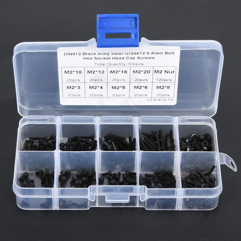300PCS M2 x 3-20mm 12.9 Grade Black Hex Socket Screw Bolt and Nut Kit Alloy Steel Button Head Socket Bolts