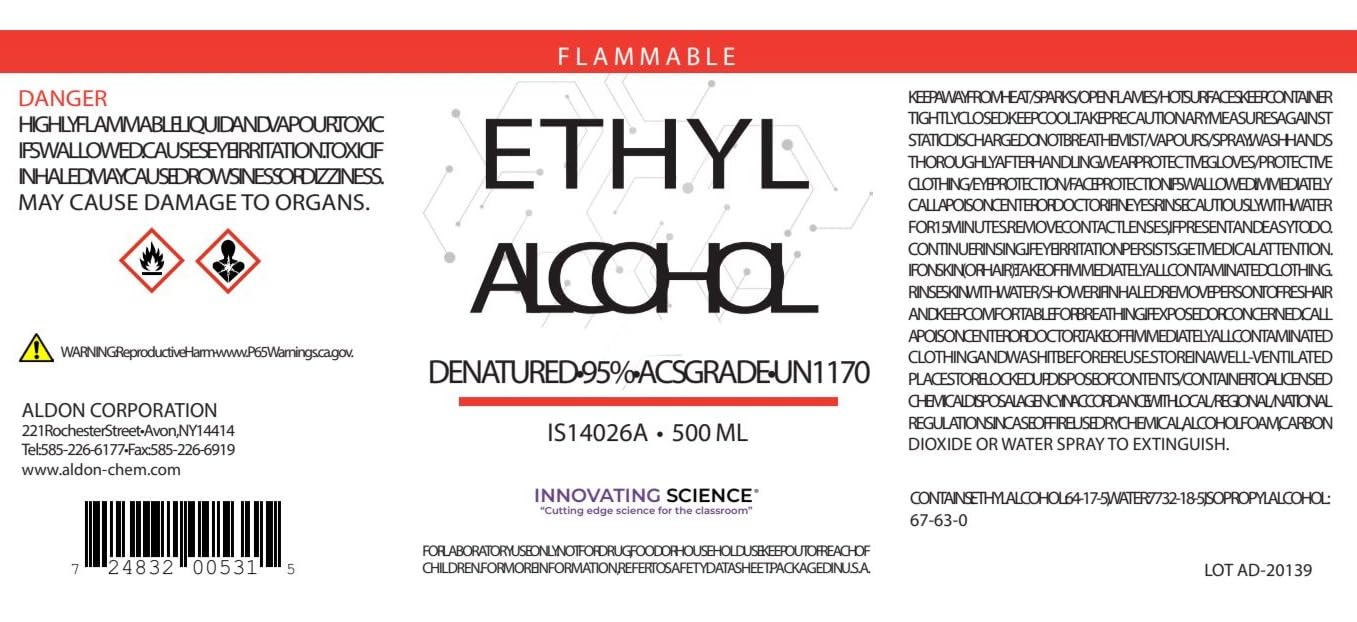 ALDON ACS Reagent Grade 95% Denatured Ethyl Alcohol, 500mL