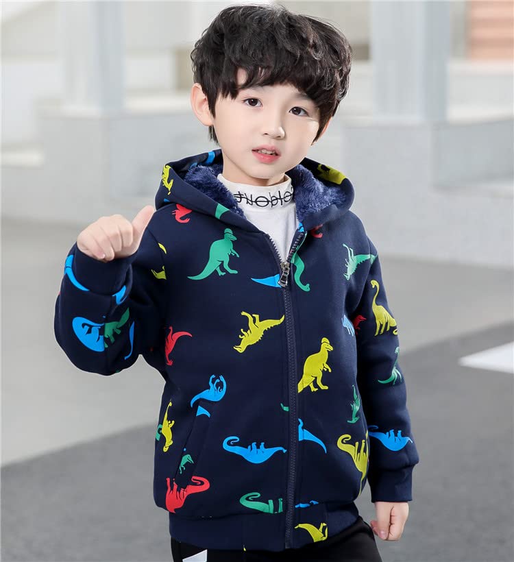 Funnymore Toddler Boy's Sherpa Fleece Lined Jacket,Navy Dinosaur Spring Fall Winter Warm Hoodie Coat Clothes 2t