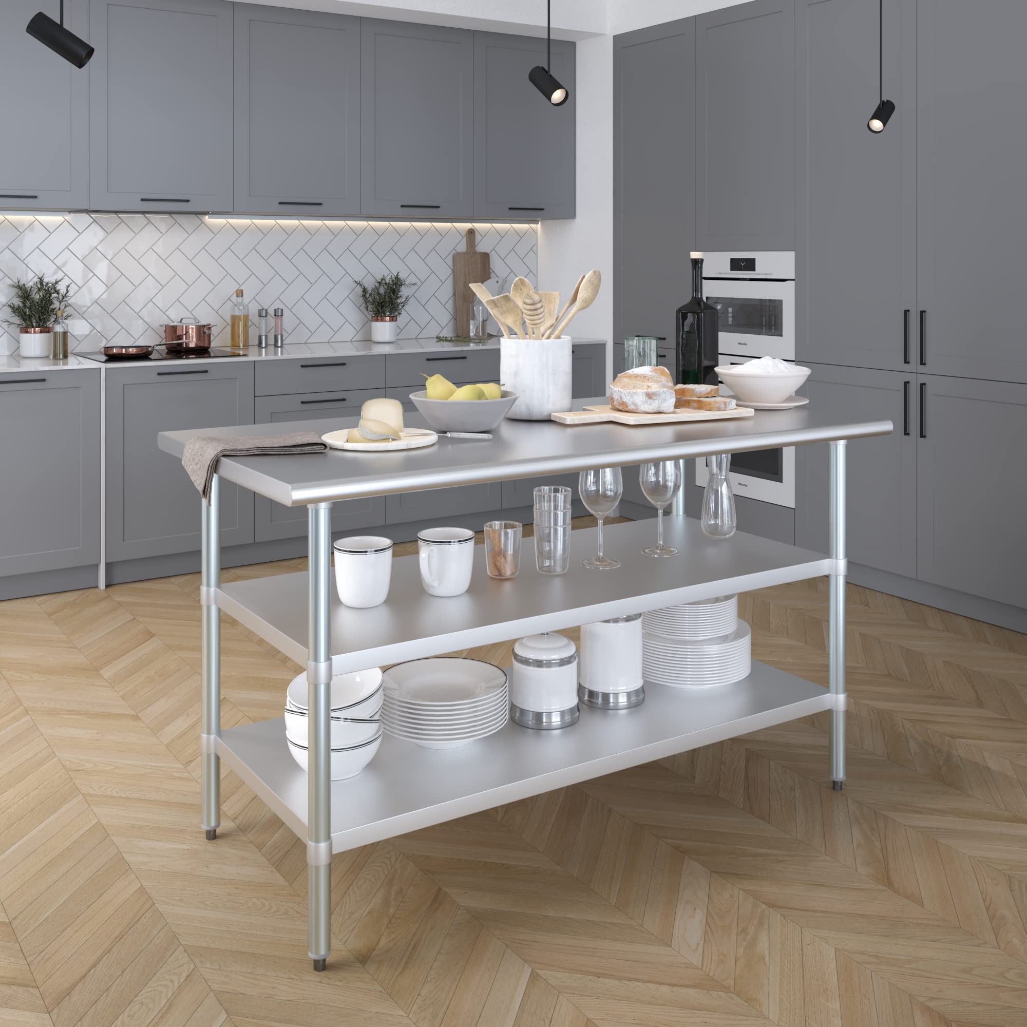 60" Long X 30" Deep Stainless Steel Work Table with 2 Shelves | Metal Food Prep Station | Commercial & Residential NSF Utility Table