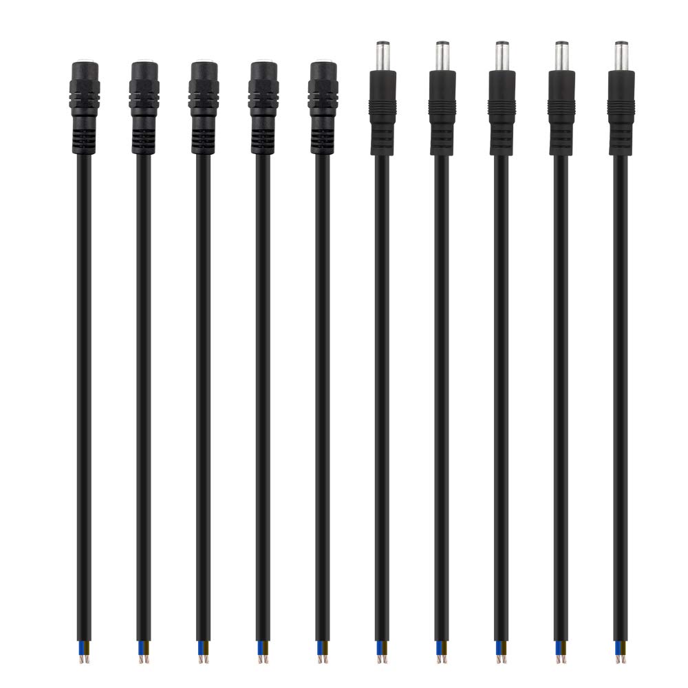 18 AWG DC Power Pigtail Cable, 2.1mm x 5.5mm Barrel Plug Wire Male&Female Connectors for CCTV Security Camera and Led Lighting Power Adapter by SIM&NAT, Pack of 10
