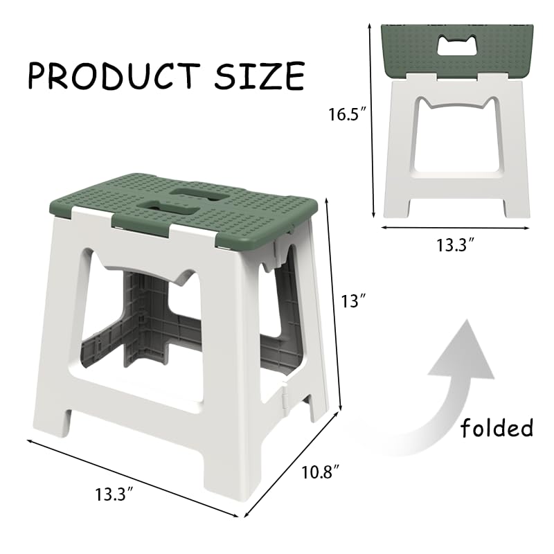 13" Folding Step Stool for Adults and Kids, Folding Stools with Portable Handle - Holds Up to 300 lbs - Plastic Foldable Step Stool for Home Office Bathroom Outdoor (Green)