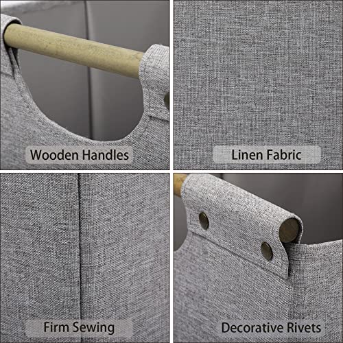 HOONEX Collapsible Storage Bins, 13x13x13in Storage Cubes Linen Fabric, 3 Pack, Storage Baskets with Wooden Carry Handles and Sturdy Heavy Cardboard, for Home, Office, Car, Nursery, Light Grey