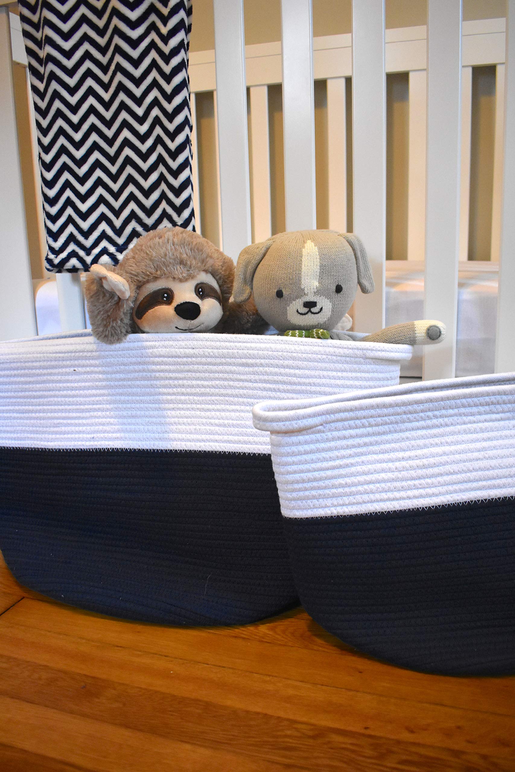 StorageWorks 100% Natural Cotton Rope Hand-Woven Basket- Two Color Design- White & Navy Blue- 2 Pack