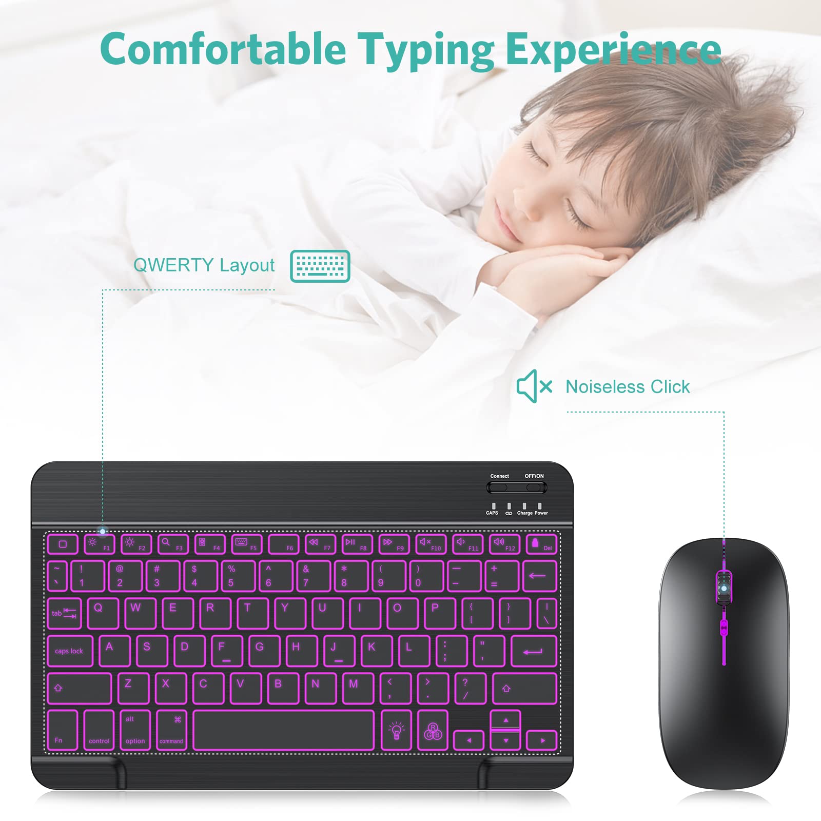 TECURS Bluetooth Keyboard and Mouse Combo for iPad - Rechargeable Wireless Keyboard & Mouse with 7-Color Backlit Compatible with iPad 10th/9th/8th Gen, iPad Pro/Air/Mini, iPhone15/14/13 Pro, Black