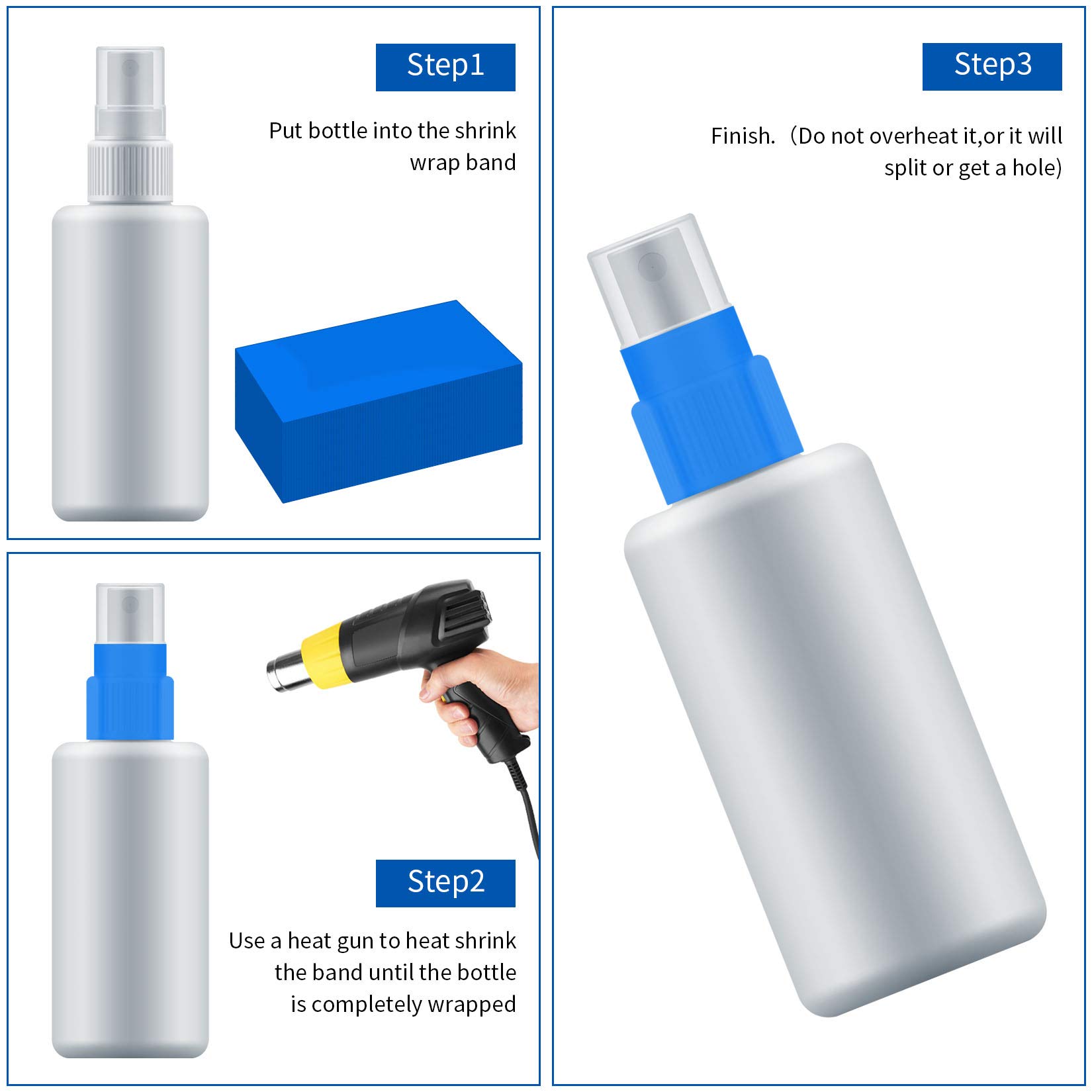 Blue Shrink Bands, 200 PCS Blue Perforated Heat Shrink Wrap Bands for Bottles, Jars Fits 3/4" to 1" Diameter