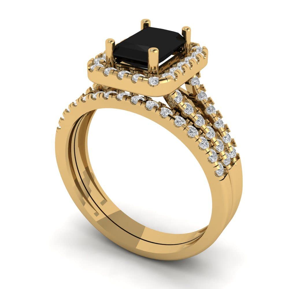 1.54 carat Emerald Cut Halo Solitaire Natural Black Onyx Wedding Anniversary Bridal Ring band set 14k Yellow Gold 9