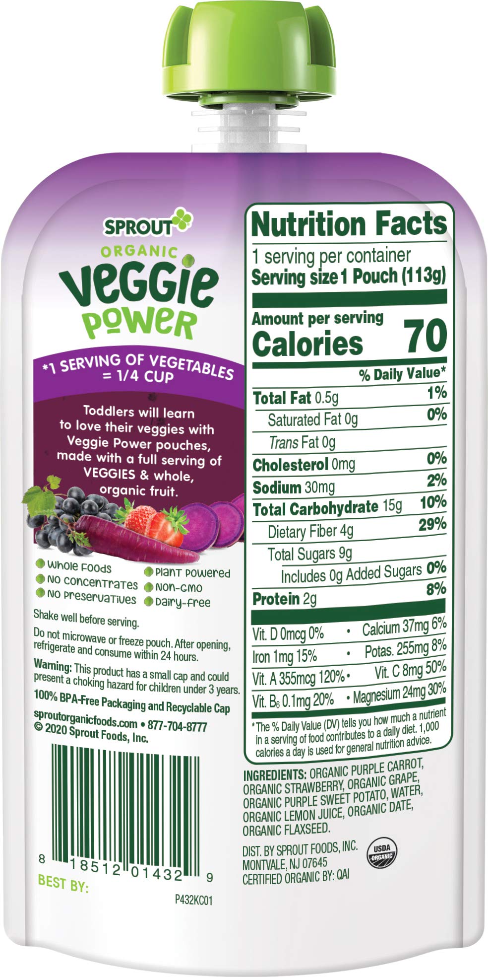Sprout Organic Baby Food, Stage 4 Toddler Pouches, Purple Carrot Veggie Power Pack, 4 Oz Purees (Pack of 12)