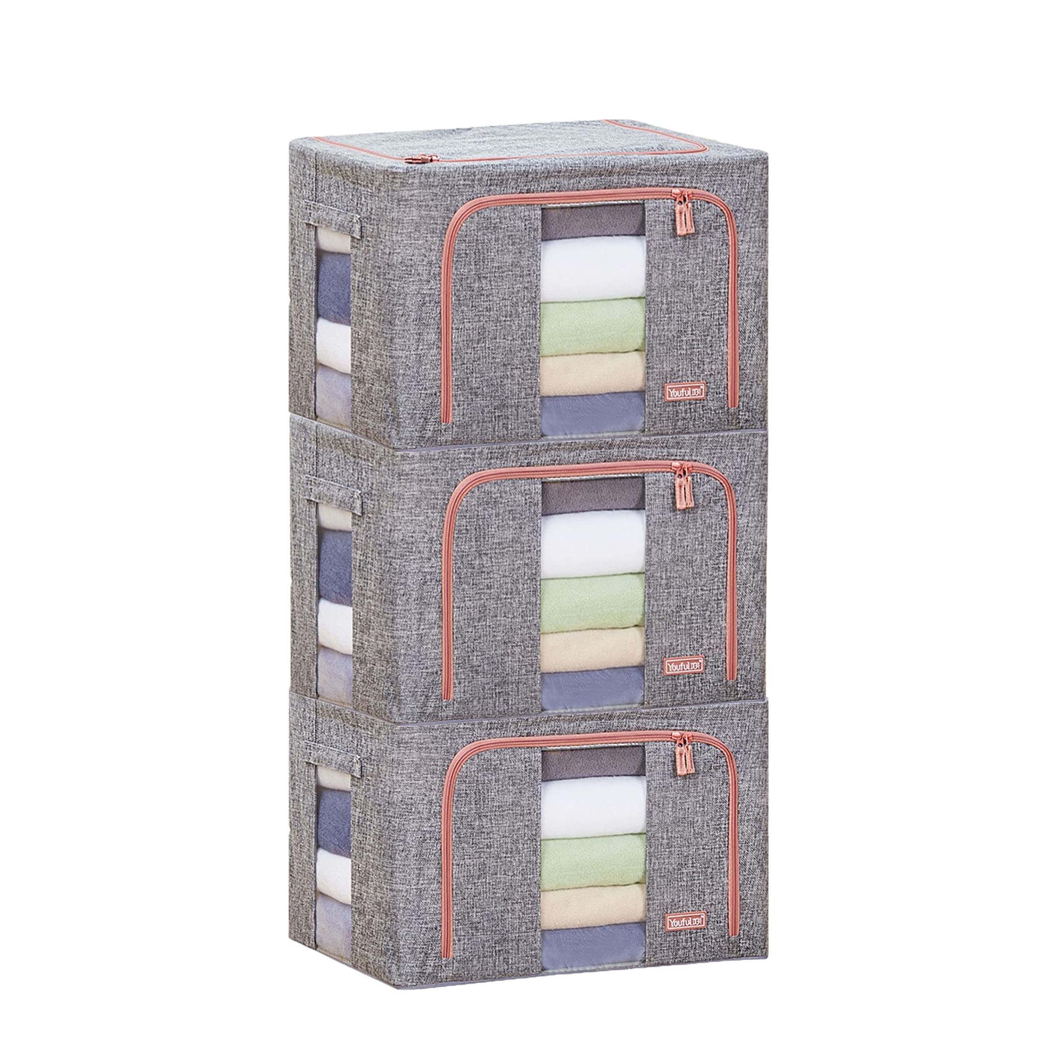 3 Pack Clothes Storage Bags - 66L Foldable Stainless steel Frame Storage Box - Stackable Linen Fabric Container Organizer Set with Carrying Handles and Clear Window With sturdy zipper ( 19.7x15.7x13inchļ¼