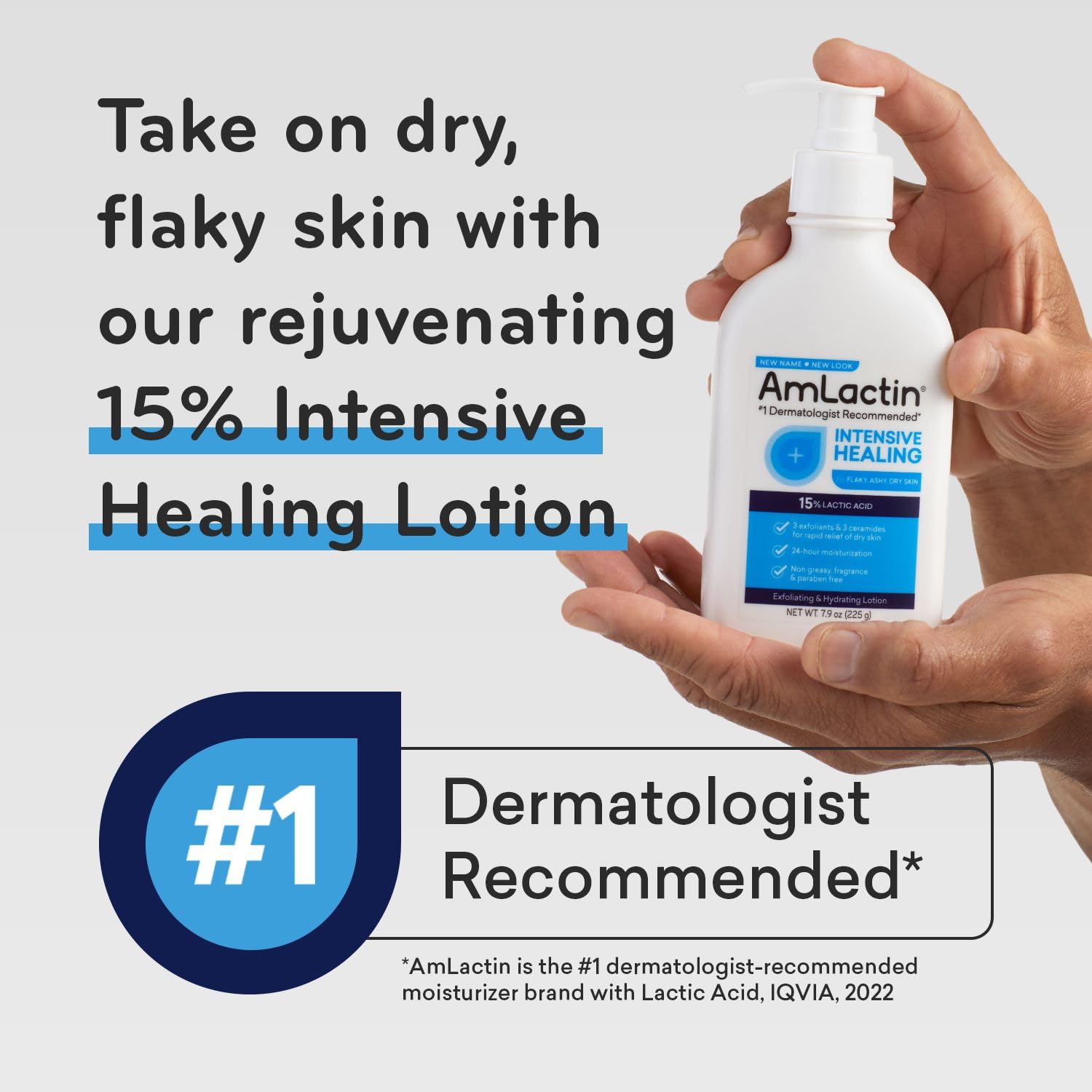 AmLactin Intensive Healing Body Lotion for Dry Skin, 7.9 oz Pump Bottle, 2-in-1 Exfoliator and Moisturizer with Ceramides and 15% Lactic Acid for 24-Hour Relief from Dry Skin (Packaging May Vary)