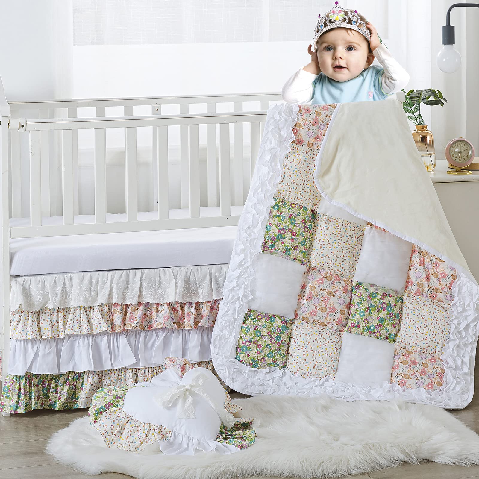 Brandream Luxury Girls Nursery Bedding Farmhouse Floral Crib Bedding Patchwork Baby Blanket Set, 4 Piece Cotton Layered Ruffle Set Pink White Green