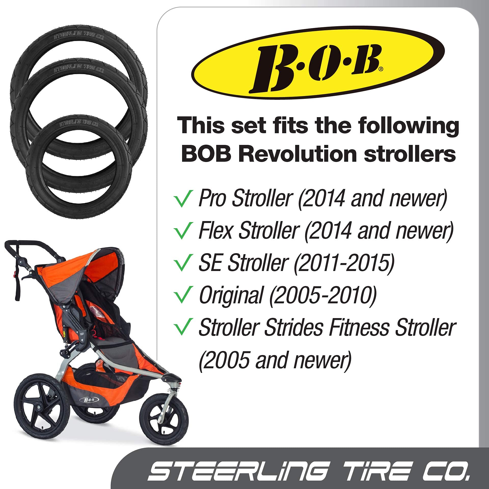 Baby Jogging Stroller Tire and Inner Tube Replacement Set - Two 16" x 1.75 Rear & One 12.5" x 2.25 Front TUBES and TIRES - Great for BOB Revolution, Alterrain & Stroller Strides! by Steerling Tire Co.