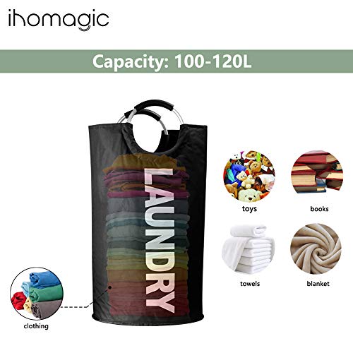 IHOMAGIC Portable Laundry Hamper, Laundry Basket with Aluminum Handle, 120L XL Foldable Washing Bin, Oxford Fabric Laundry Bag Oversize Storage Bin for Kids Toys, Blankets (XL, Black)