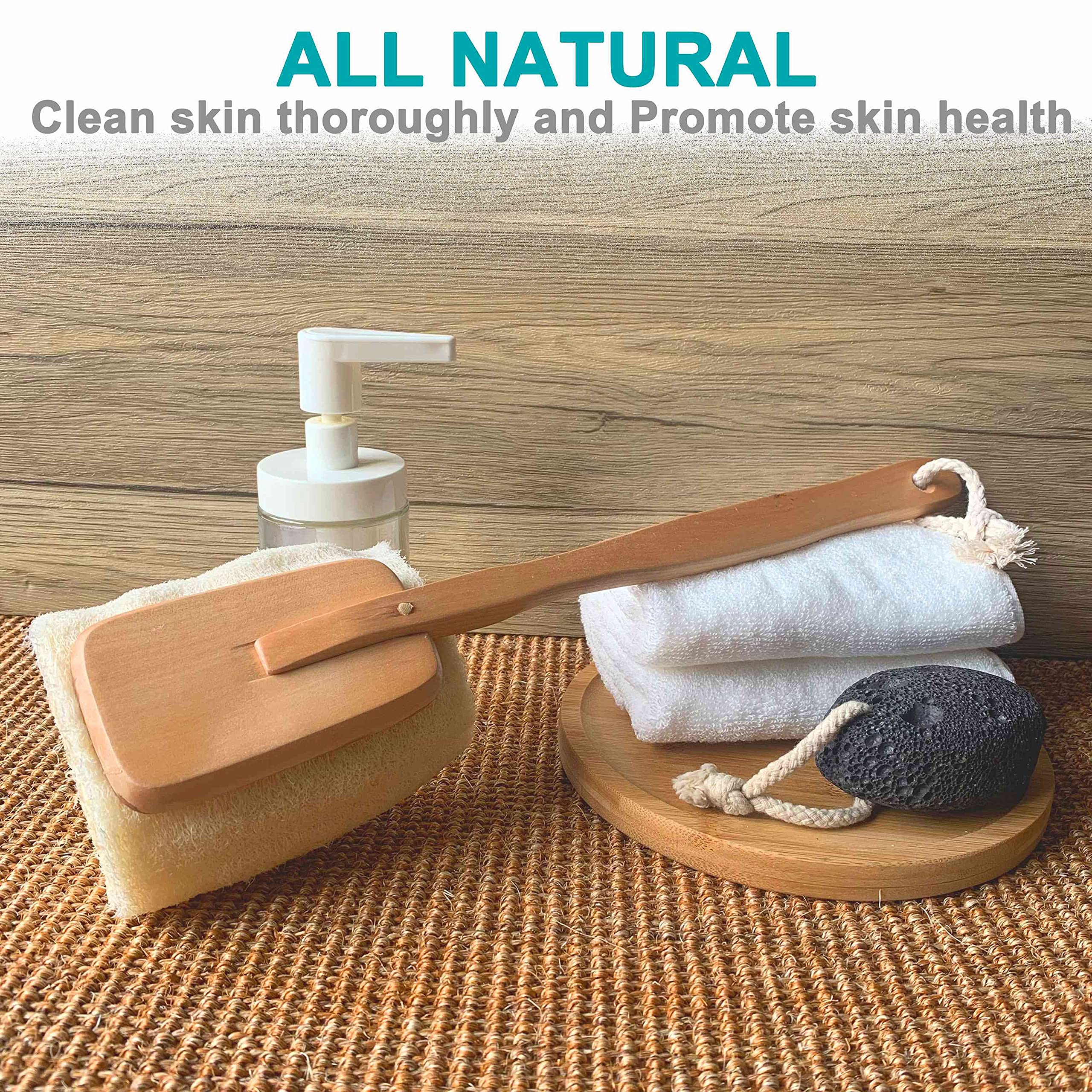 3 Pack Natural Exfoliating Loofah luffa loofa Bath Brush On a Stick - with Long Wooden Handle Back Brush for Men & Women - Shower Sponge Body Back Scrubber