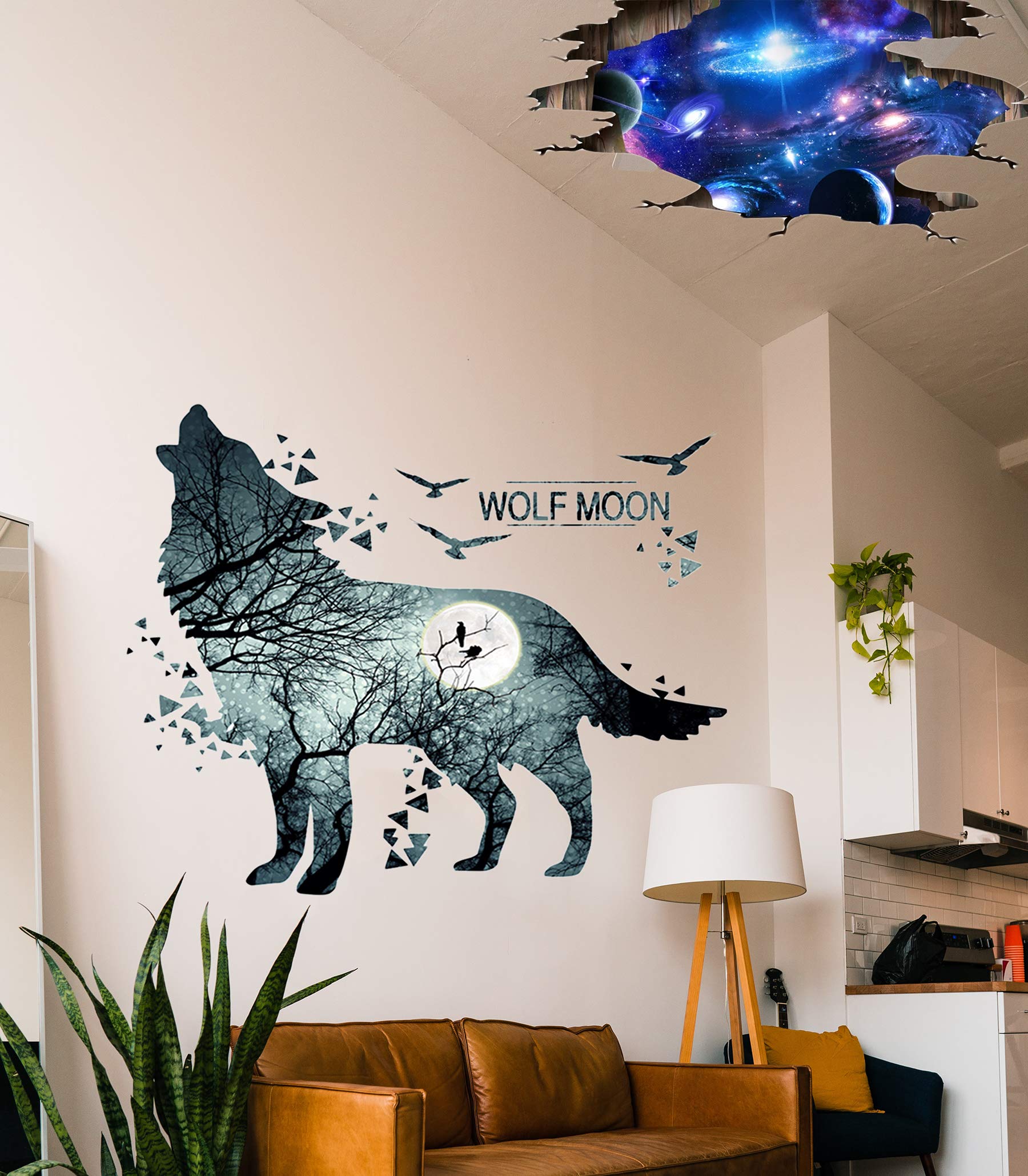 AMODA 3D Galaxy Outer Space Wall Decor,Self-Adhesive Wolf and Moon Sofa Backdrop TV Background Wall Decors,Creative Broken Wall Art Mural for Teen Bedroom Living Room Nursery Playroom