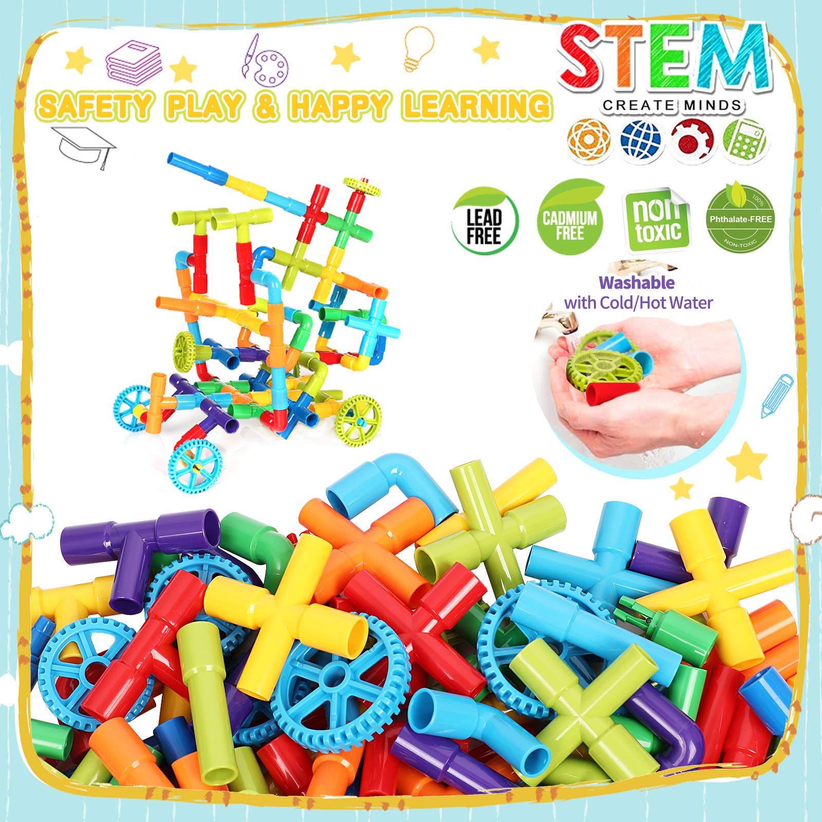354 Pcs STEM Building Blocks Set Toy For Kid, Pipe Tube Sensory Toys with Wheels, Baseplate, Interlocking Storage Box, Kids Construction Building Blocks Educational Toy Gift For Toddler Boy Girl Child