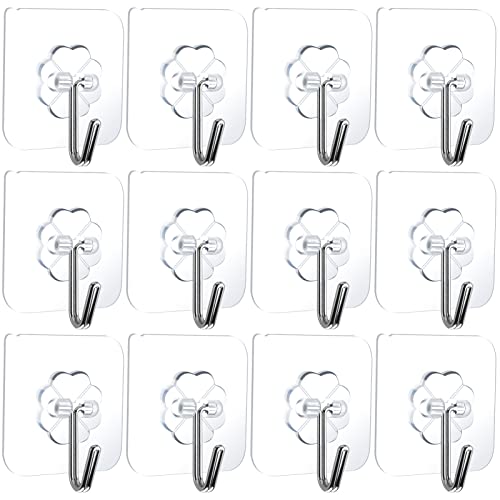 48Pcs Adhesive Hooks 22lb(Max) Heavy Duty Wall Hooks Waterproof Oilproof Utility Hooks Clear Reusable Strong Sticky Self Adhesive Hooks Coat Hat Towel Hanger for Bathroom Shower Kitchen Door
