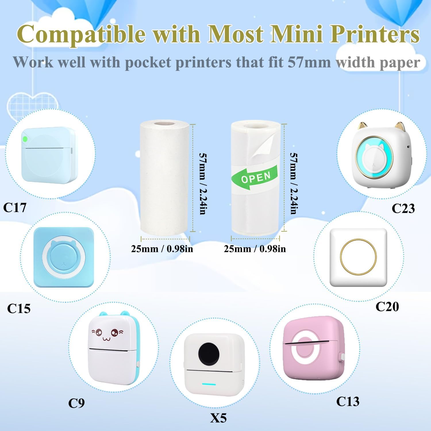 10Pcs Mini Printer Paper, 57 x 25 mm 5 Rolls Self Adhesive Thermal Paper Printable Sticker Paper and 5 Rolls White Printing Paper for Pocket Thermal Printer