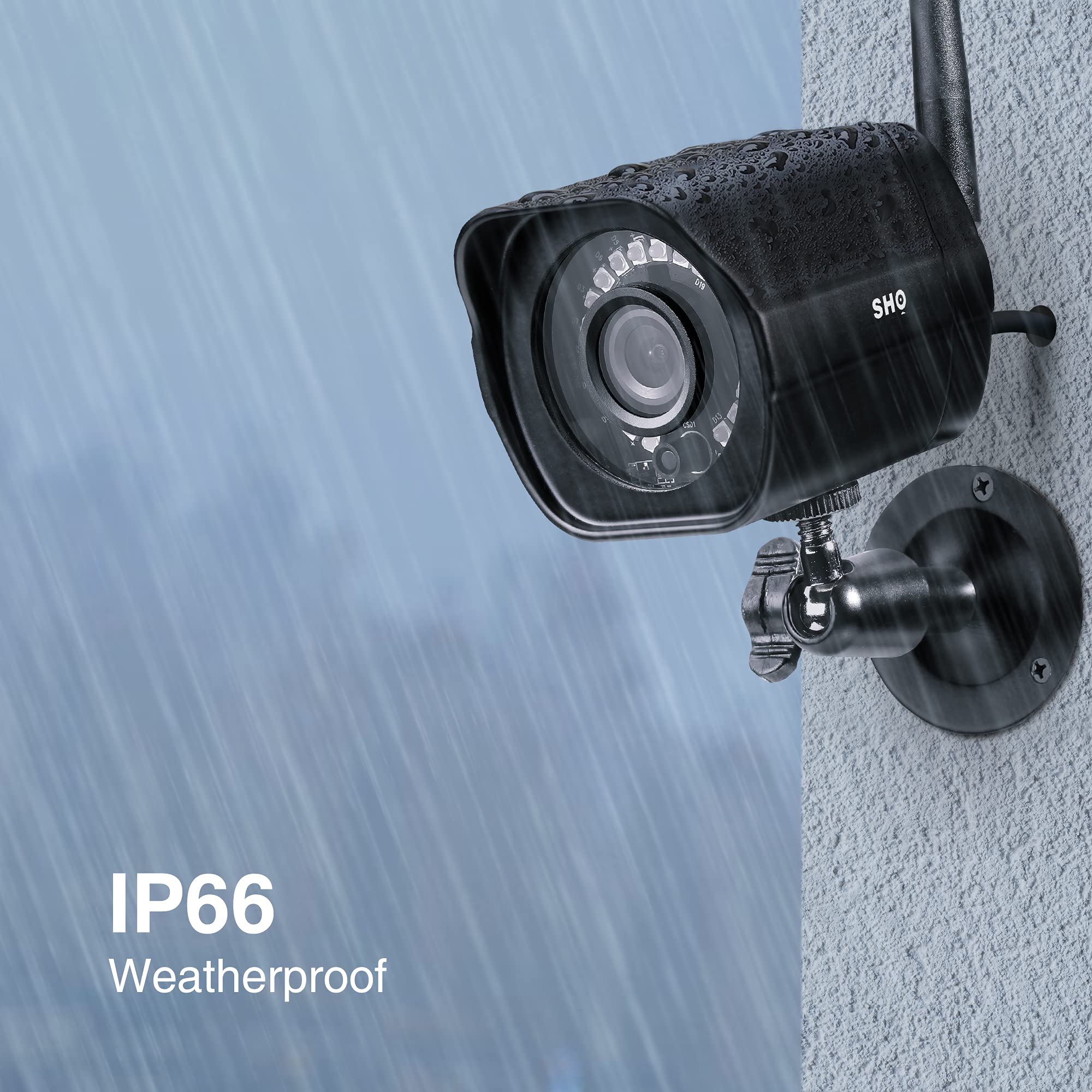 SHO Outdoor Plug-in Smart Security WiFi Camera, 1080P HD Video, IP66 Weatherproof, Motion Detection, Night Vision, Cloud Service, Compatible with Alexa and Google Home, 2 Pack