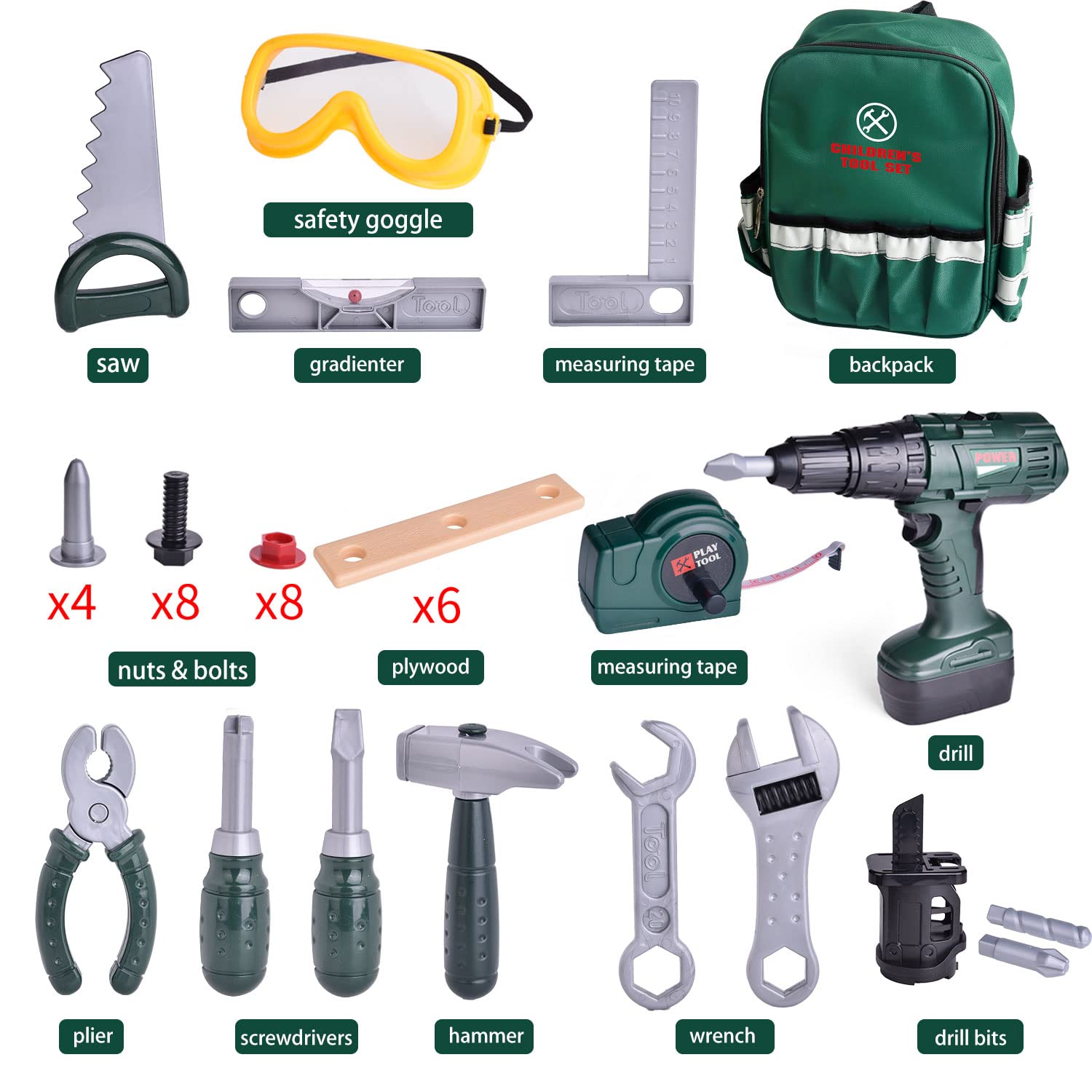 35PCS Kids Tool Set, Including Electronic Cordless Drill, Pretend Play Toy Tool Accessories and a Sturdy Tool Bag