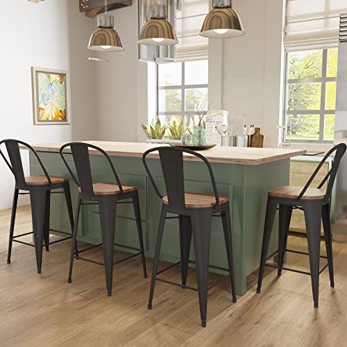 Aklaus Metal Bar Stools Set of 4,26 inch Barstools Counter Height Bar Stools with Backs Farmhouse Bar Stools with Larger seat High Back Kitchen Dining Chairs Modern Bar Chairs Matte Black Stool