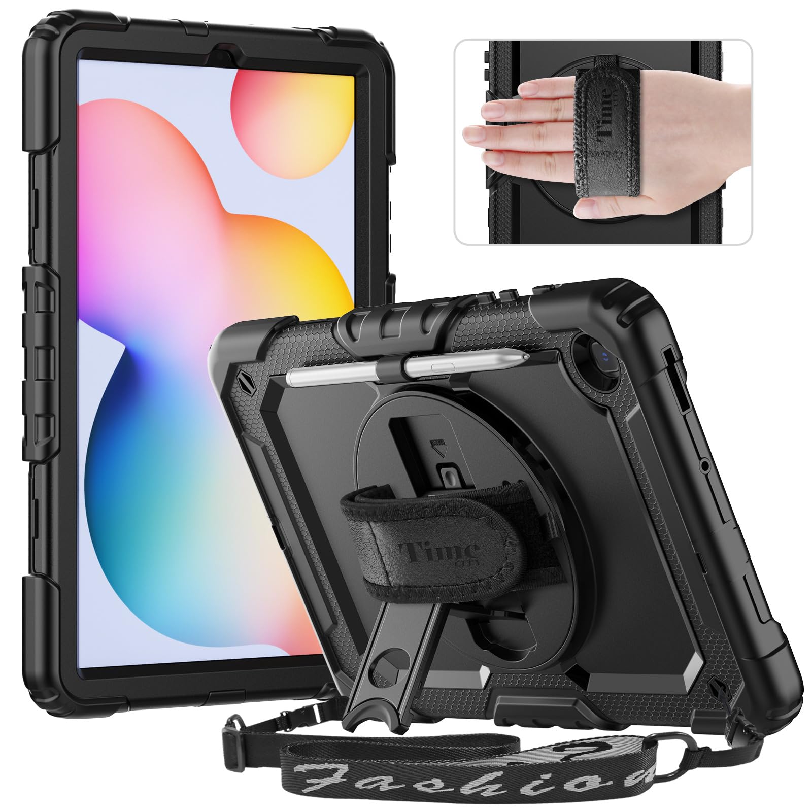 Timecity Case for Samsung Galaxy Tab S6 Lite 10.4'' 2024/2022/2020 (SM-P620/P610/P613/P615), Durable Sturdy Protective Case with Screen Protector, Rotating Stand, Hand/Shoulder Strap- Black