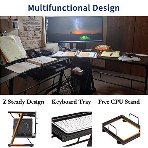 Reversible L-shaped Computer Corner Desk, Modern Toughened Glass L Shaped Round Corner Desk with Keyboard Tray & CPU Stand, PC Laptop Writing Gamer Workstation for Home Office Small Spaces (Clear)