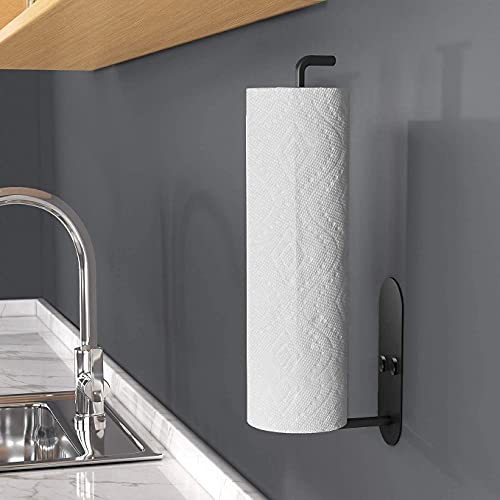 HUFEEOH Paper Towel Holder Under Cabinet Wall Mount for Kitchen Paper Towel, Black Adhesive Paper Towel Roll Rack for Bathroom Towel, SUS304 Stainless Steel
