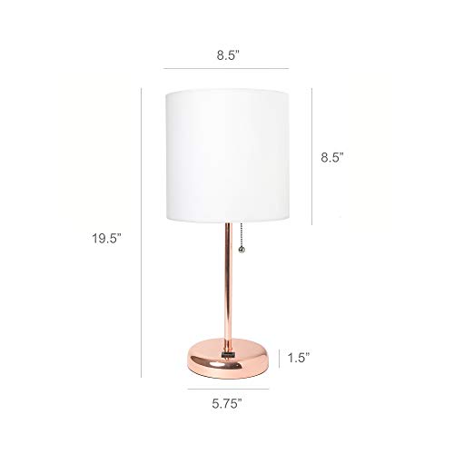 Limelights LC2002-RGD-2PK Rose Gold Stick Lamp with USB Charging Port and White Fabric Shade 2 Pack Table Desk Lamp Set