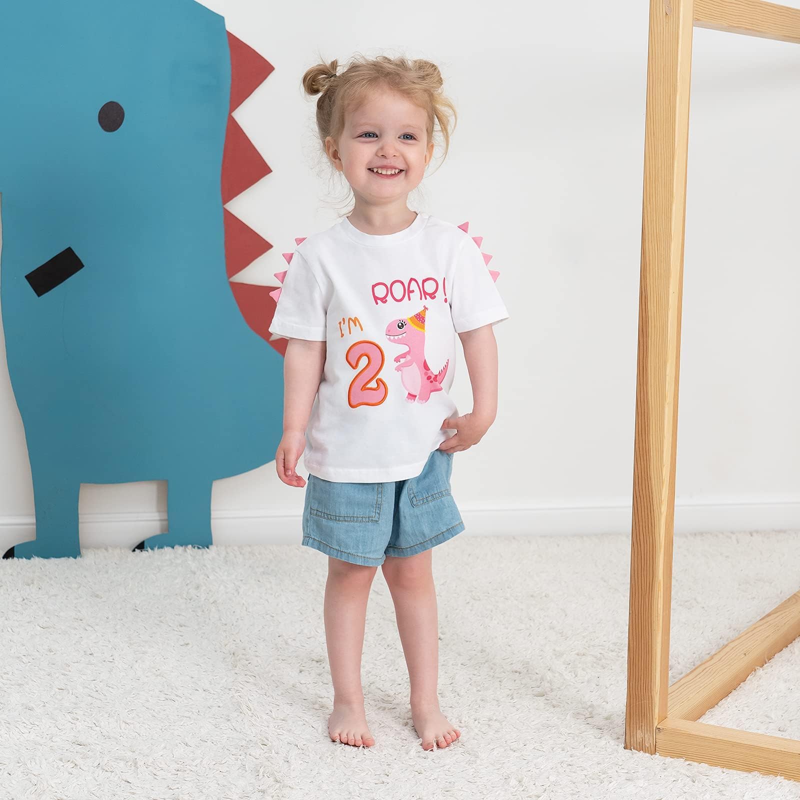 AMZTM Girl 2nd Birthday T-Shirt Dinosaur Party B-Day Themed Tee Toddler Gift(White, 3T)
