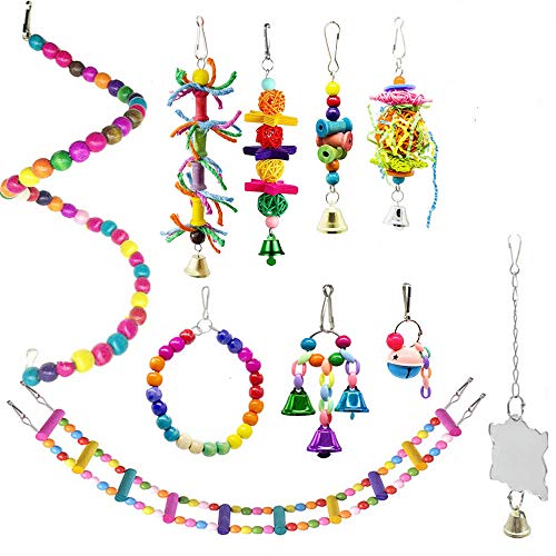 FuTaiKang Bird Toys, 10 Packs Parakeet Budgie Cage Toys Swing Chewing Hanging Parrot Perches with Bell,Wooden Ladder Hammock for Conures,Cockatiels,Budgie and Lovely Birds