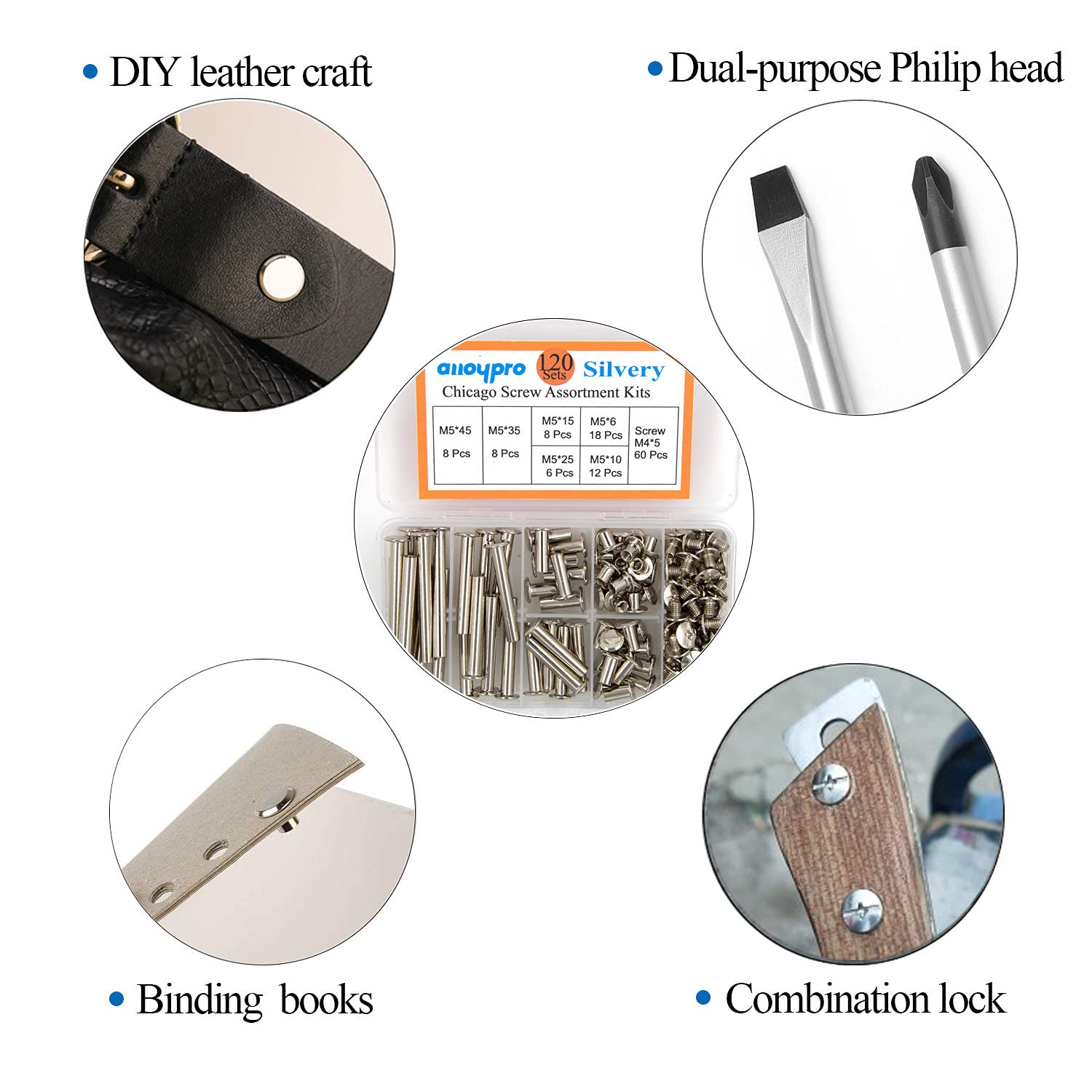 Alloypro 120 Pcs (60 Pair) M5 x 6/10/15/25/35/45 Silvery Phillips Chicago Screws Binding Screw Posts,Scrapbook Photo Albums Binding Screws Assorted Kit 6 Sizes for Leather Saddles Purses Belt Repair
