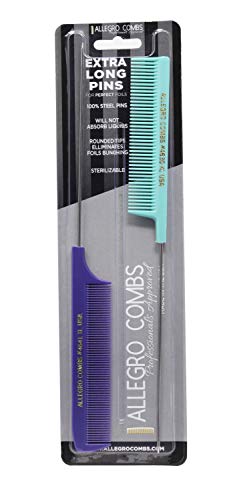 Allegro Combs XL Pintail Rat Tail Combs Parting Combs Metal Tail Foiling Combs Pin Combs 2 Pc. (PURPLE & MINT)