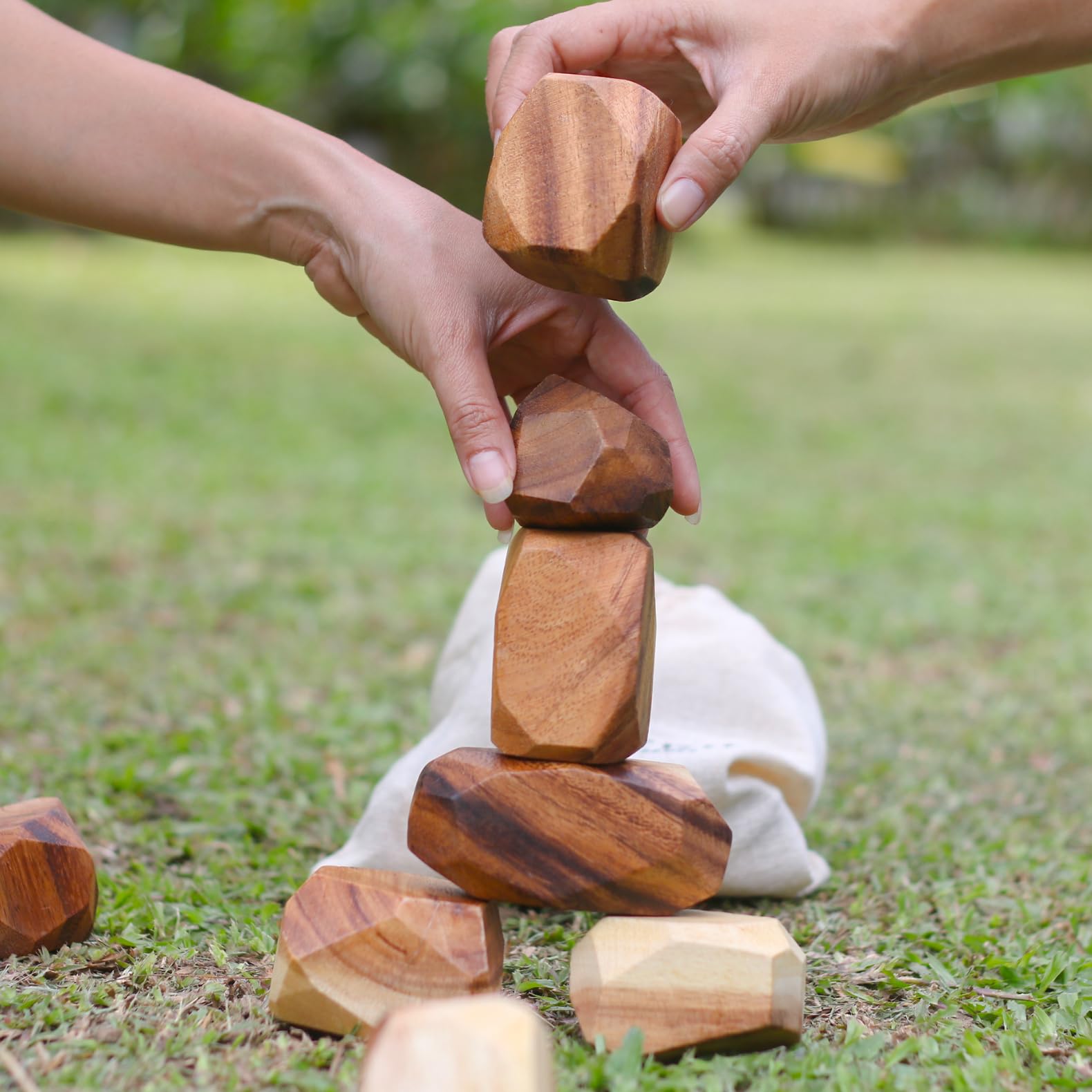 12 Pcs. Wooden Balancing Blocks: Handmade Meditative Educational Game Sensory STEM Toy Stacking Game Wood Balance Rocks Set (Tum ISHI) Montessori with Cotton Bag