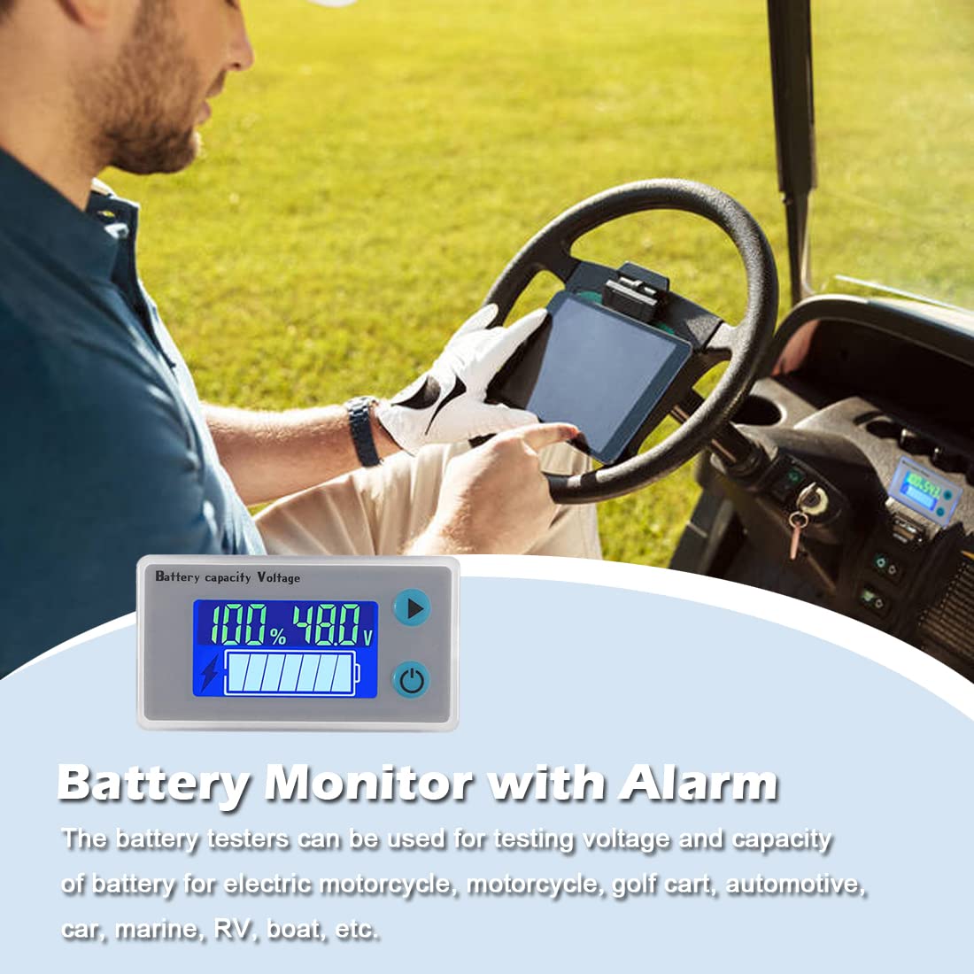 ALMOCN 10-100V Battery Monitor LCD 12V 24V 36V 48V Digital Battery Capacity Voltmeter Tester Percentage Level Voltage Temperature Monitor Meter with Cable