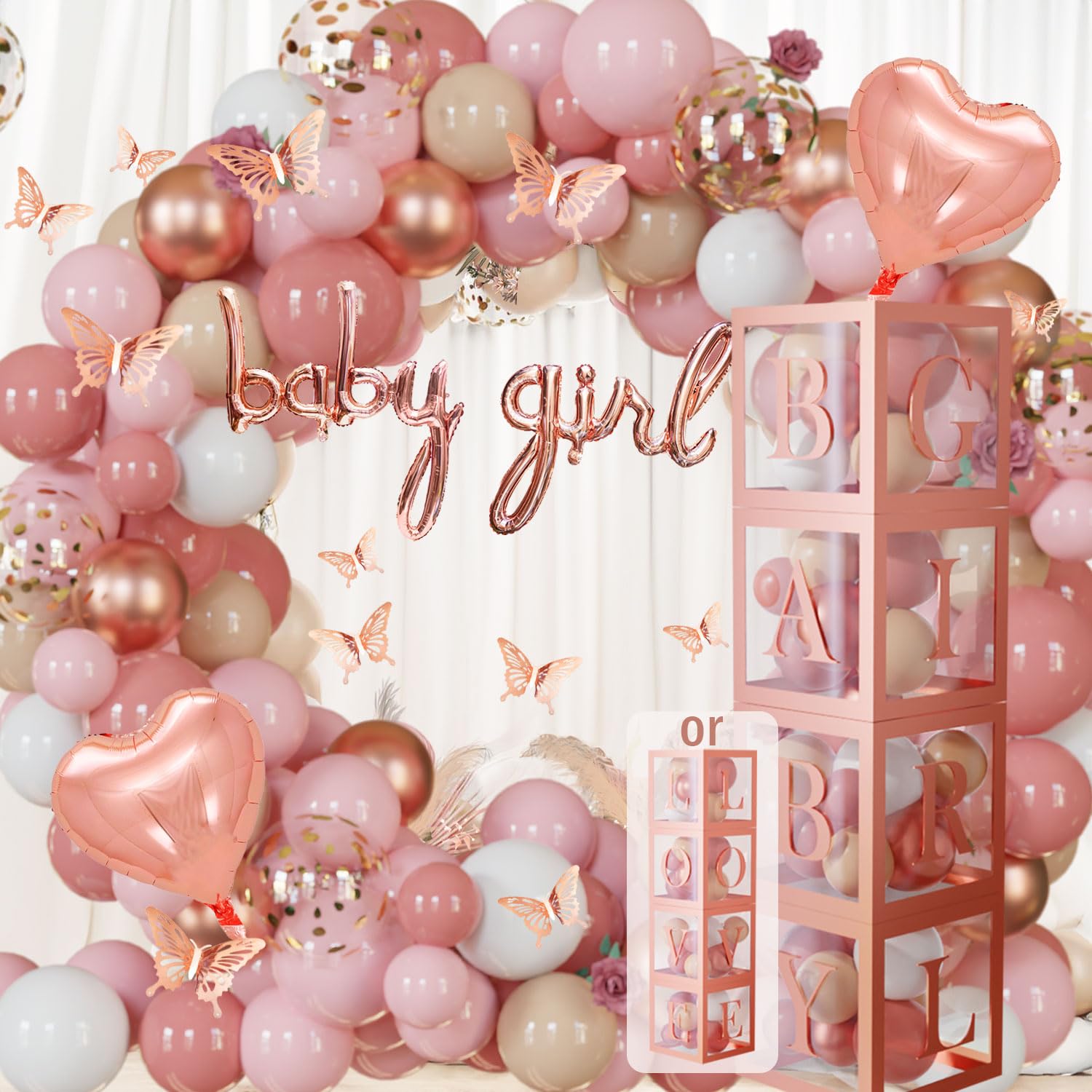 132pcs Rose Gold Baby Shower Decorations with Girl Baby Boxes, Boho Blush Pink Tan Butterfly Balloon Arch Kit Baby Box with Letters for Women Birthday Bridal Wedding Tea Party Valentine’s Day