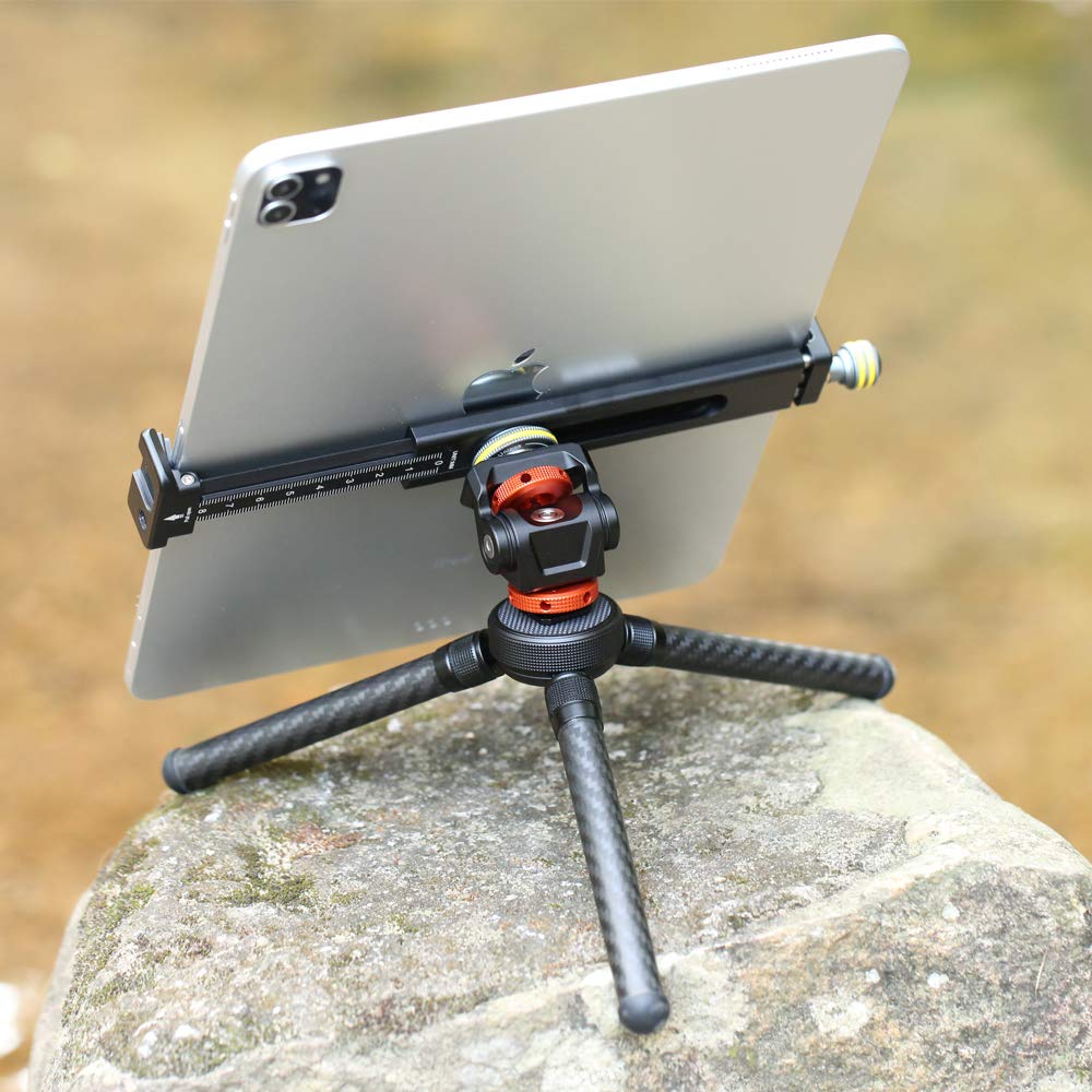 Aluminum iPad Holder for Tripod Mount, Universal Phone Tablet Clamp Tripod Adapter Bracket w Cold Shoe Mount 1/4 inch Screw and Acra Swiss Rail for iPad 4/Mini/Air/Pro/Surface Pro/iPhone/Galaxy Tab