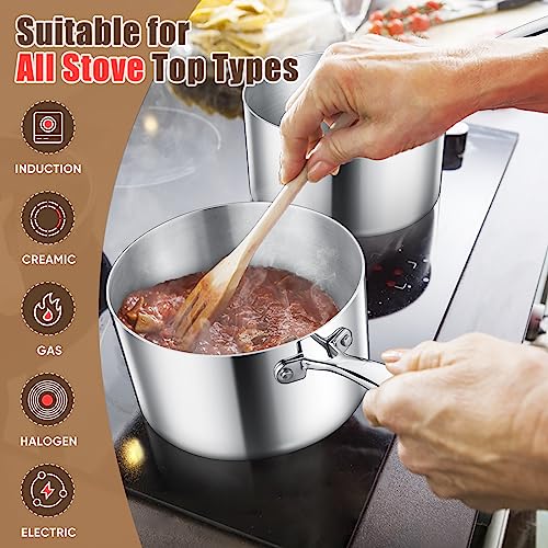 1Qt & 2 Qt Saucepan with Lid Set, E-far Triply 18/10 Stainless Steel Sauce Pan Pot for Cooking Pasta Warming Milk Boiling Water, Small Metal Cookware for Kitchen, Induction Ready & Heavy Duty