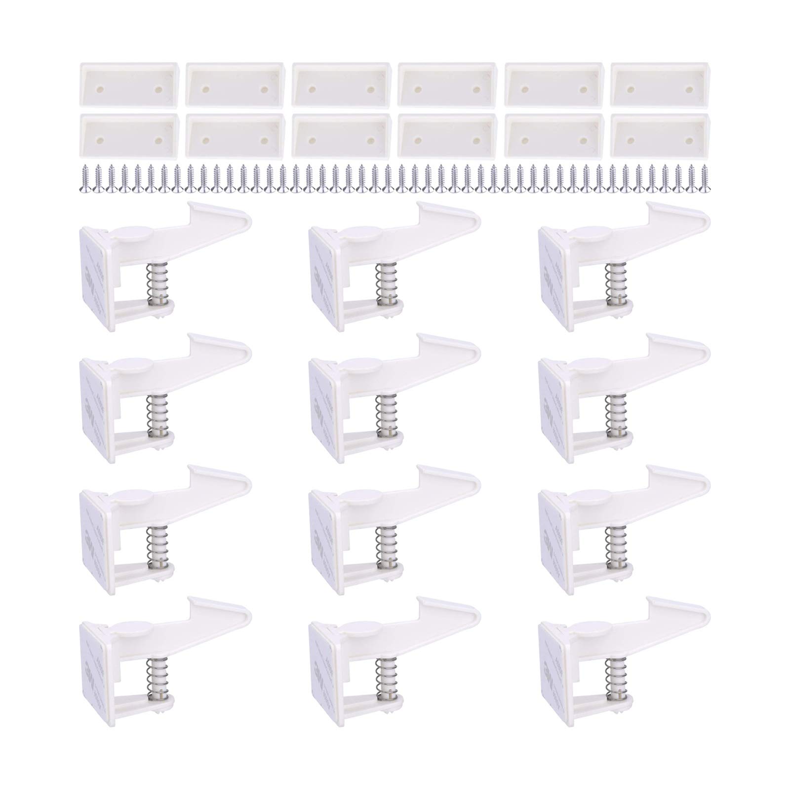 Cabinet Locks Child Safety Latches - OKEFAN 12 Pack Baby Proofing Cabinets Drawer Lock Adhesive Latch for Kids Proof Drawers No Drilling Tools Needed (White)
