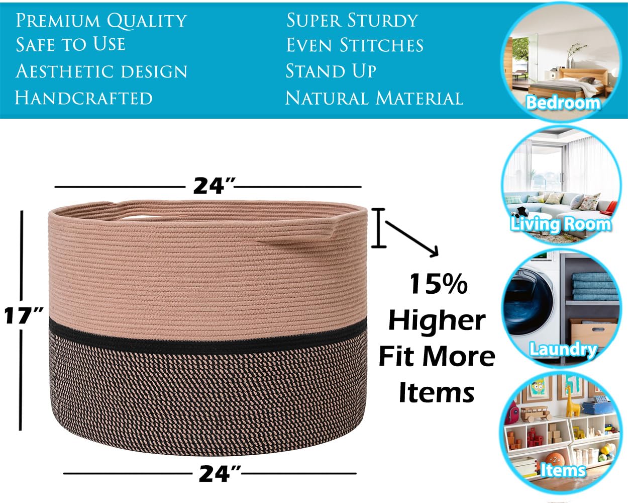 24" x 24" x 17" Max Size Large Cotton Rope Basket, Extra Large Storage Basket, Woven Laundry Hamper, Cloth Storage Bin, for Blankets Clothes Towels Pillows in Living Room, Beige Red/Black Mix