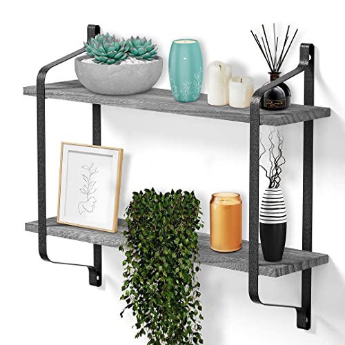 Halter Floating Shelves, 2 Tier Wall Mounted Shelves, Heavy Duty Brackets, Industrial Wood, Mounted, Above Toilet Bathroom Shelves, Bathroom Hanging Shelves with Curved Brackets, Medium, Grey Wood