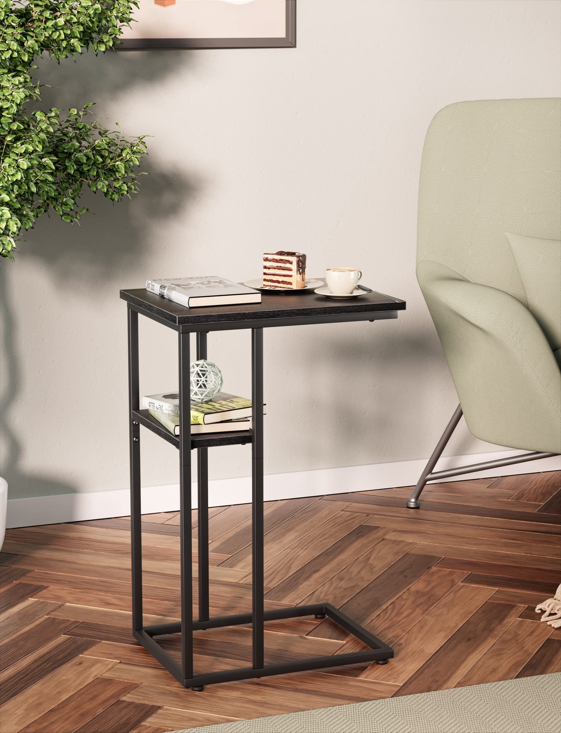 Innerjoin C Shaped End Table, Side Table with Metal Frame, TV Tray Table for Couch, 2 Shelves Sofa Table for Living Room Bedroom, Bedside, Rustic Vintage Style, Black
