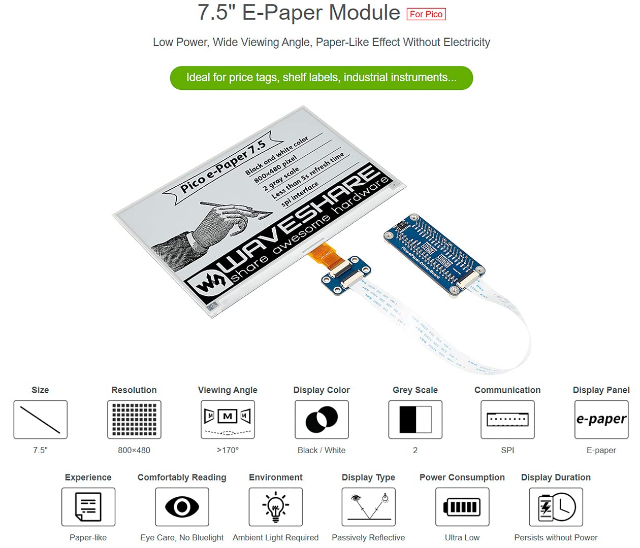 7.5inch E-Paper Display Module for Raspberry Pi Pico, 800×480 Pixels Black/White Two-Color E-Ink SPI Interface, Wide Viewing Angle, Paper-Like Effect Without Electricity