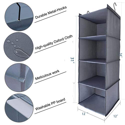 BrilliantJo 2PCS Hanging Closet Organizer, 4 Shelves Hanging Wardrobe Storage Shelves with Hook for Clothes Storage, Washable Oxford Cloth Fabric, 31"x12"x12"(Blue-Gray)