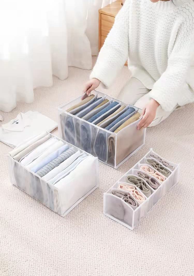 3 Pack Washable Wardrobe Clothes Organizer, Jeans Leggings Compartment Storage Box Closet, Drawer Organizers for Clothing, Folding Clothes Mesh Separation Organizer (White Jeans+T-shirts+Leggings)