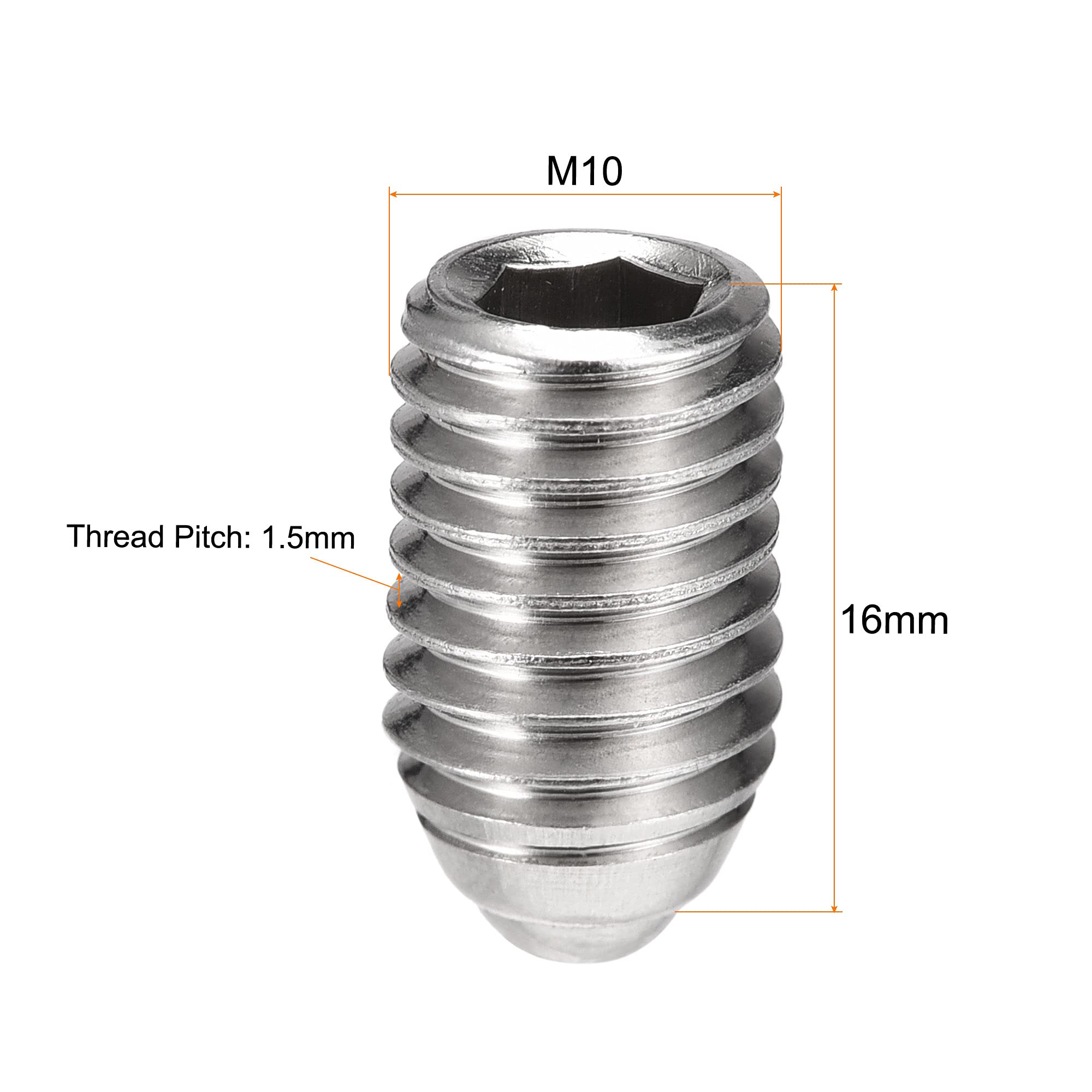 uxcell Ball Point Set Screws, M10 x 16mm 304 Stainless Steel Metric Spring Hex Socket Screw 6pcs