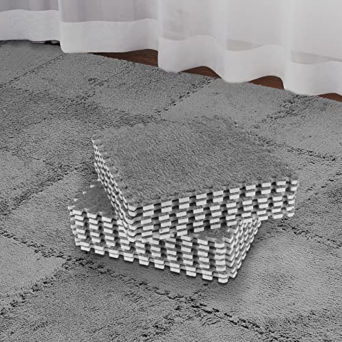 15 Pcs Plush Foam Floor Mat Square Interlocking Fluffy Tiles with Border Play Mat Flooring Tiles Soft Climbing Area Rugs for Home Playroom Decoration