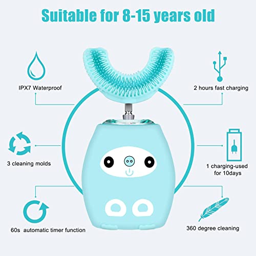 Ziliny Kids U Shaped Electric Toothbrush, Kids Automatic Timer Tooth Brush, Ultrasonic Automatic Toothbrushes with 3 Cleaning Modes, Waterproof Auto Toothbrush for Children Toddler (Age 3-7, Blue)