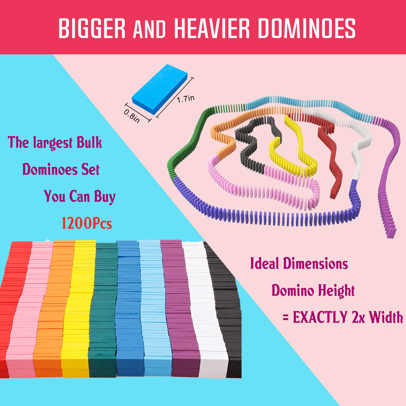 1200 Piece Dominoes Set for Kids, Colorful Dominos Tiles for Building, Stacking, Racing, Tumbling, Wood Domino with Box, Educational Toy